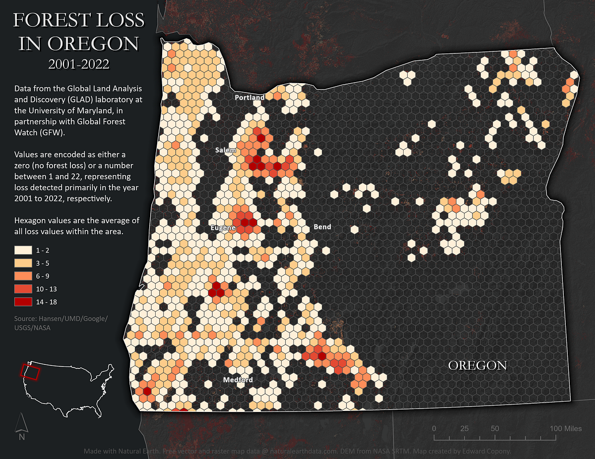Map: Forest loss in Oregon, Hexagon Version - Ed in Space - Medium