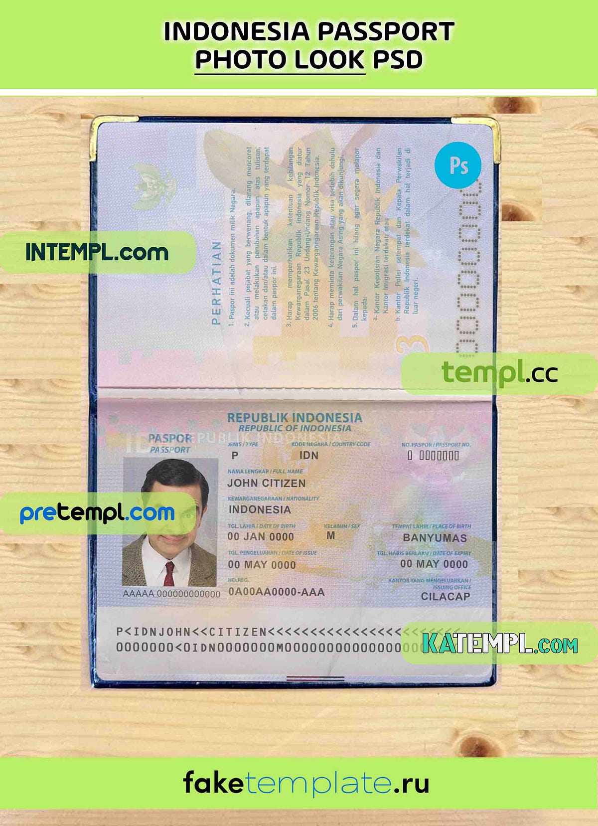 Indonesia passport editable PSD files, scan and photo look templates, 2 ...
