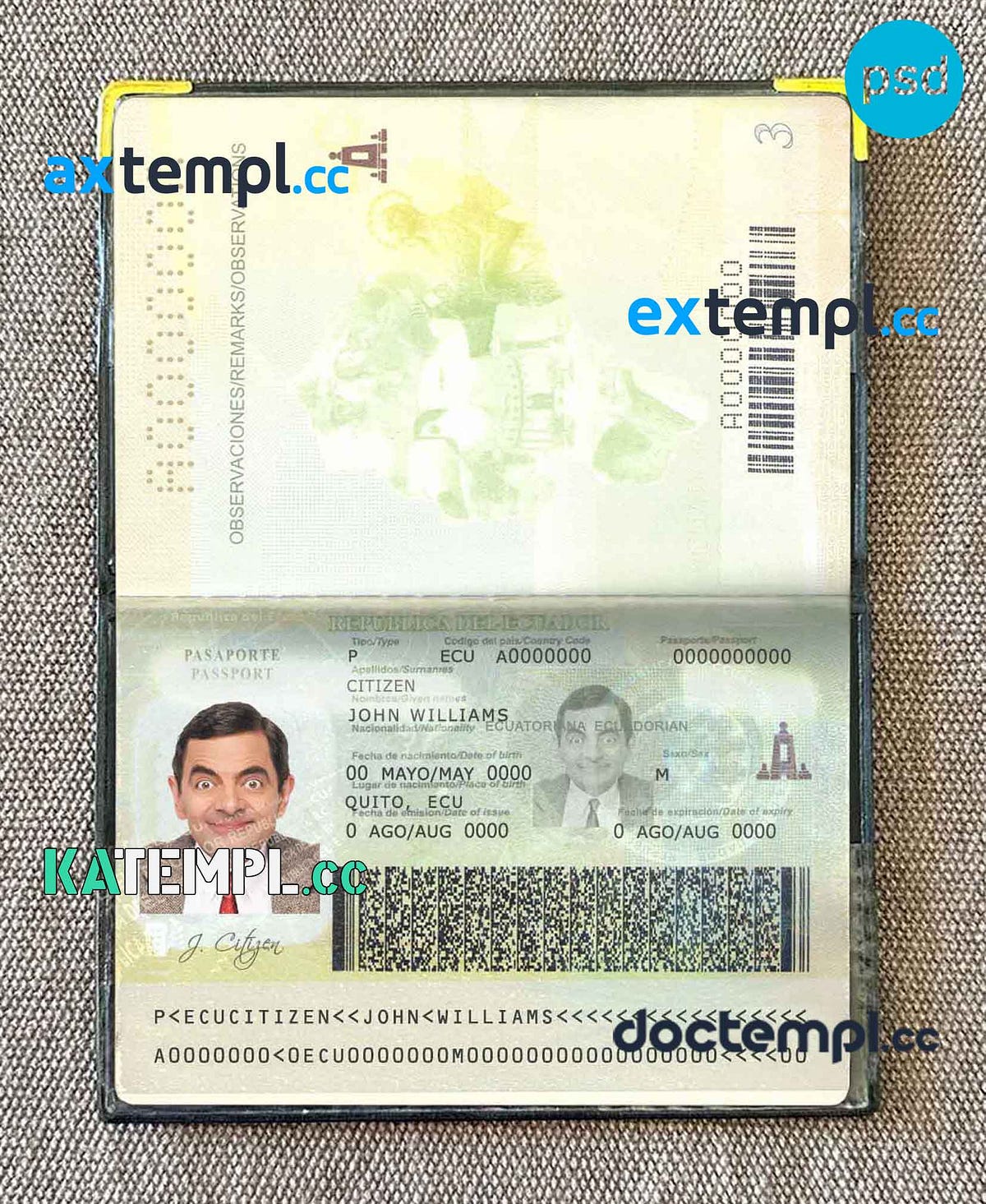 sample Ecuador passport editable PSDs, scan and photo-realistic ...