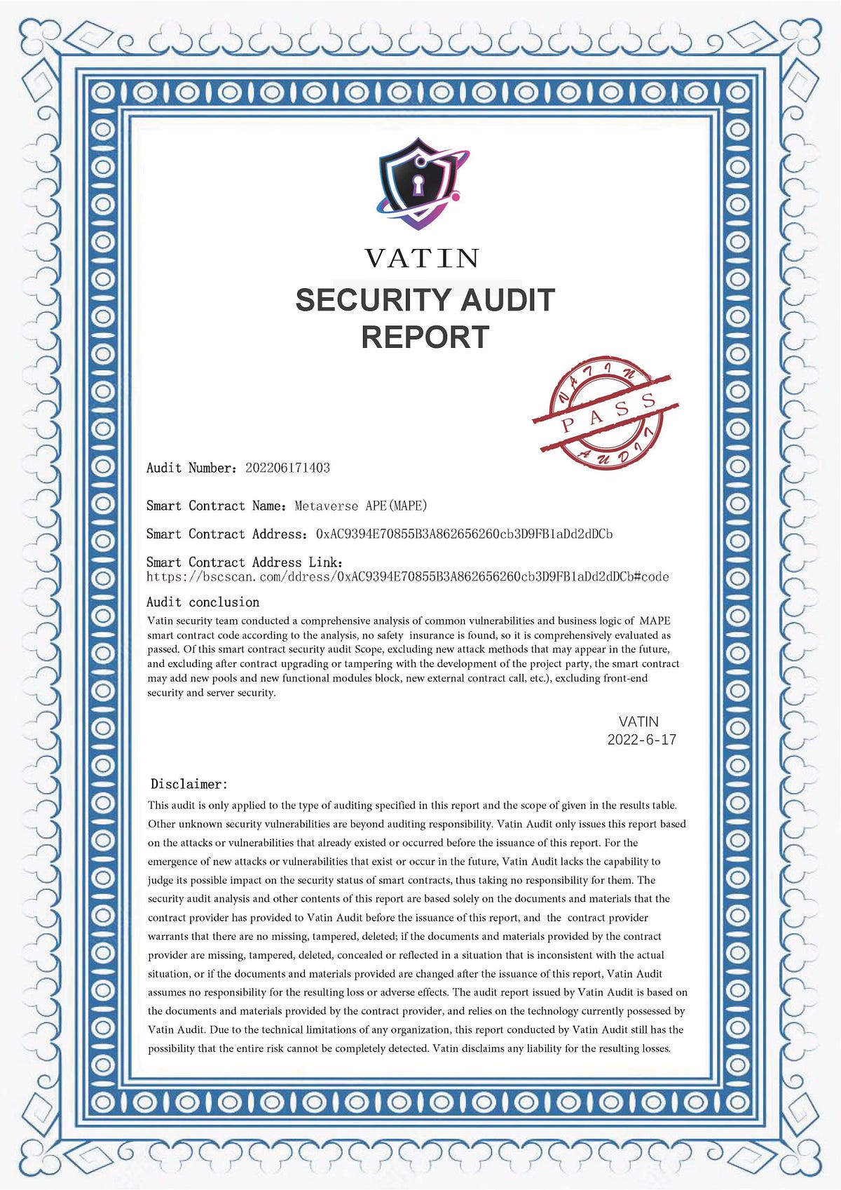 Metaverse Ape passed the audit of VATIN, the third largest audit ...