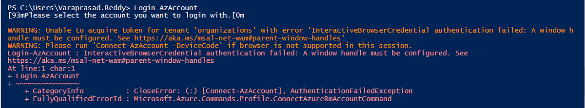Fix Connect-AzAccount login error WARNING: Unable to acquire token for tenant ‘organizations ...