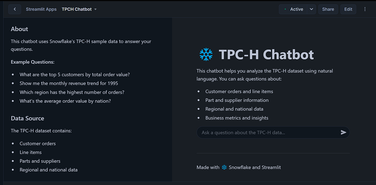 🧠 Building a TPC-H Chatbot using Snowflake Cortex AI and Streamlit | by Anudeepsaketh | Medium