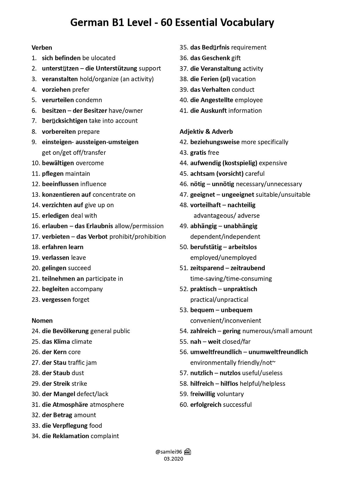 German B1 Level — 60 Essential Vocabulary - Sam Lei 96 - Medium