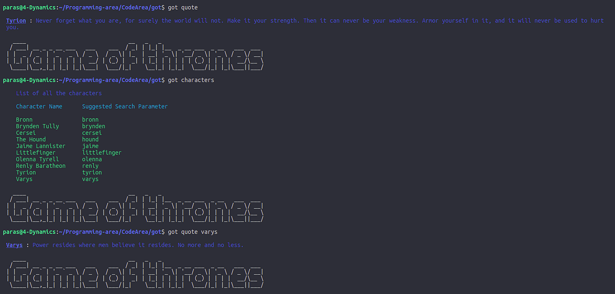 Game of Thrones quote in your terminal using CLI tool | by Prakash | Developers Stacks | Medium