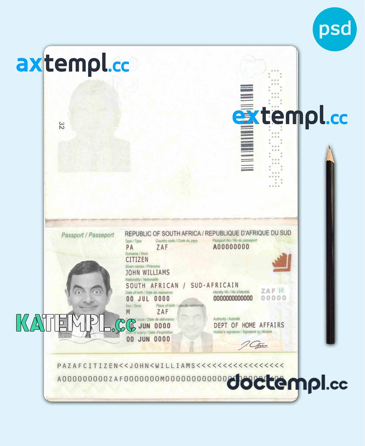 sample South Africa passport in PSD format, fully editable (2009 ...