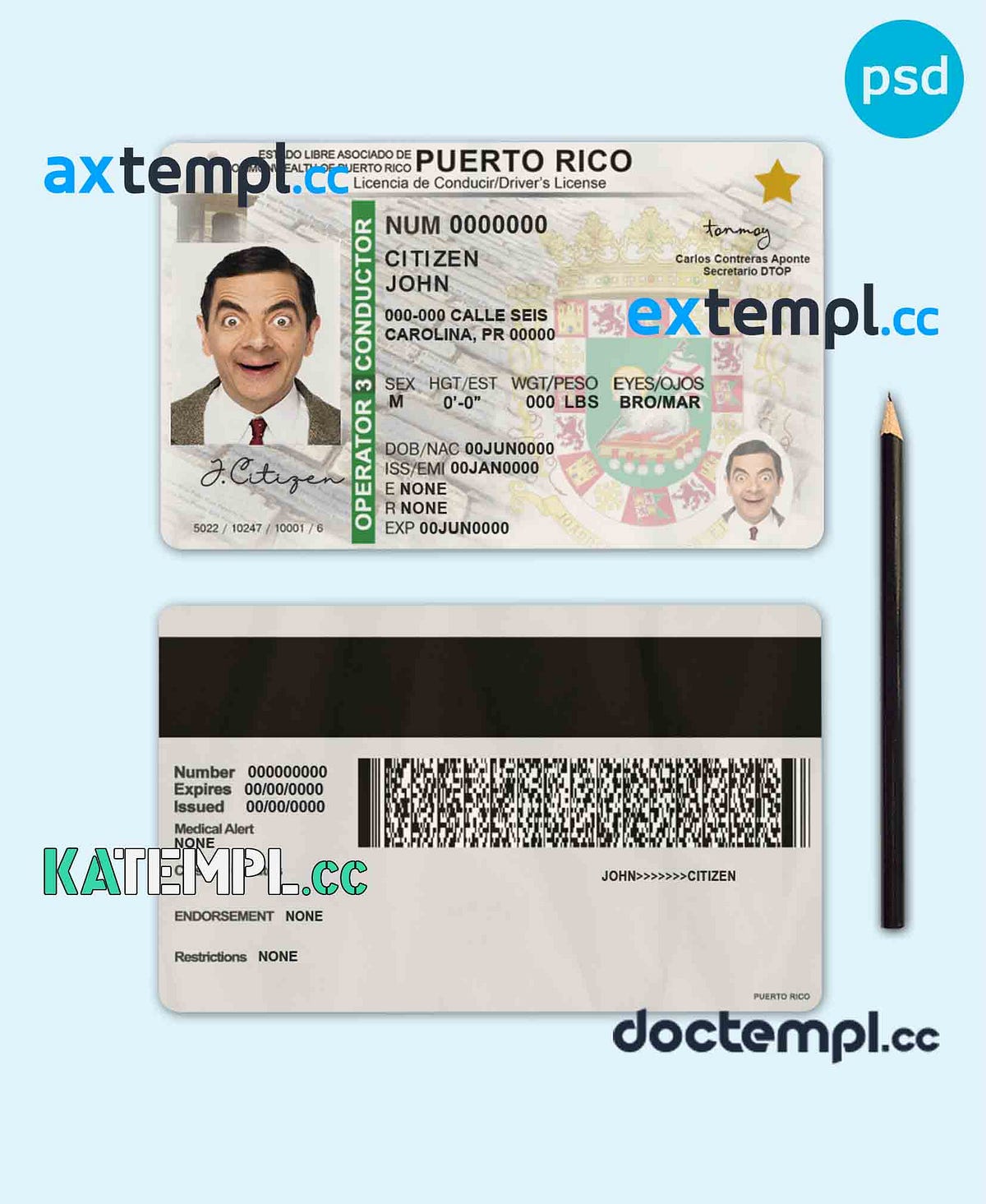 sample Puerto Rico driving license template in PSD format, fully ...