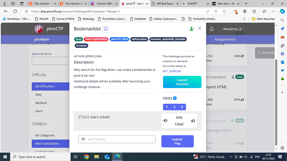 picoCTF-Bookmarklet - Ginja0r - Medium