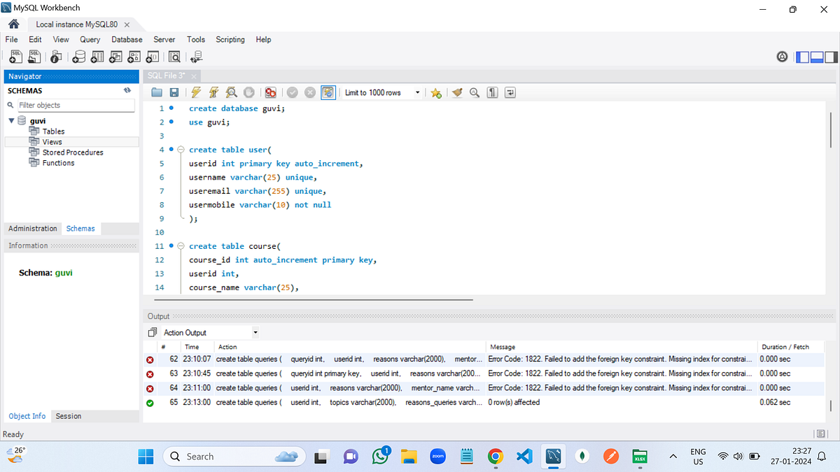 create database guvi; use guvi;. — — — user ...