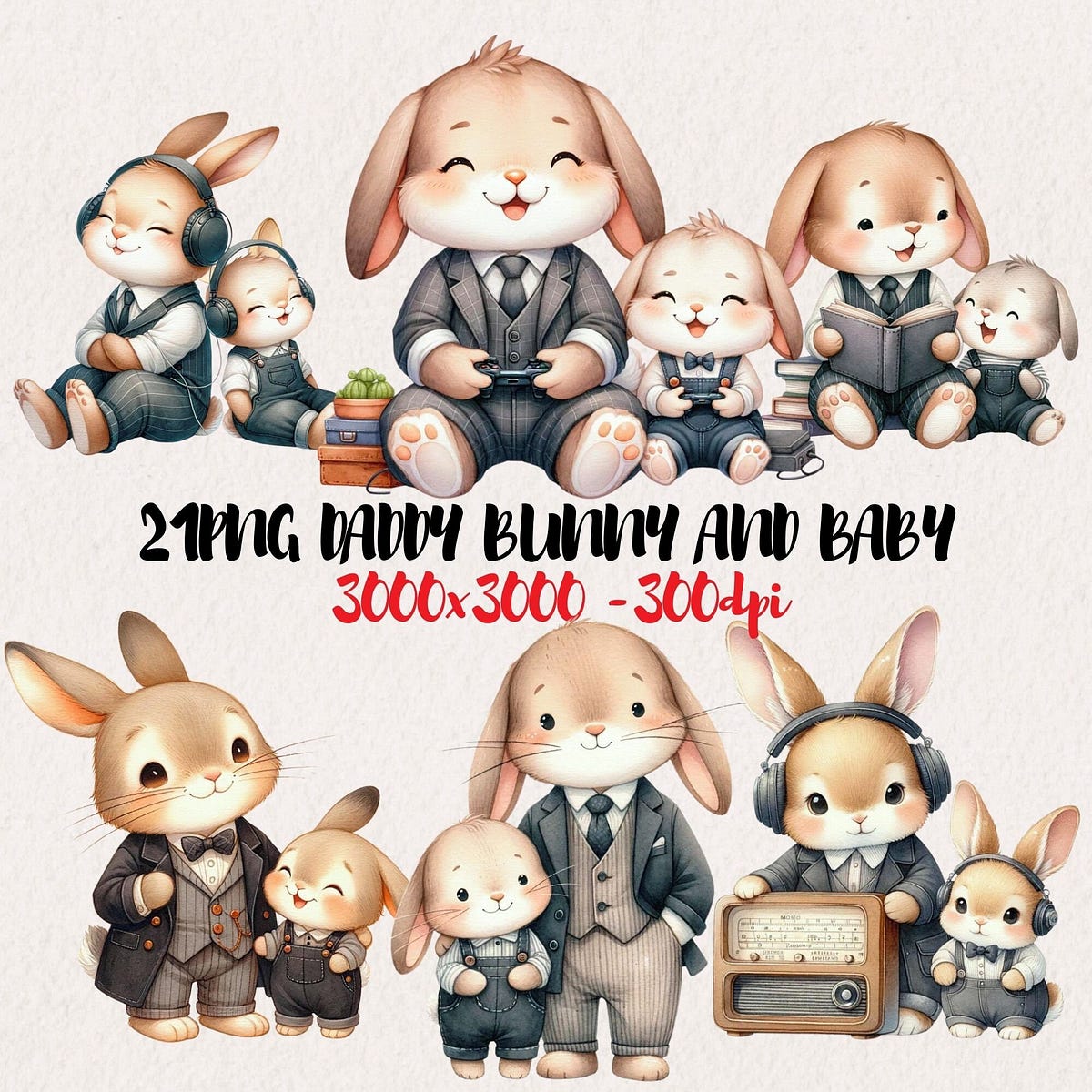 Watercolor daddy bunny and baby clipart, Father design, Father’s day ...
