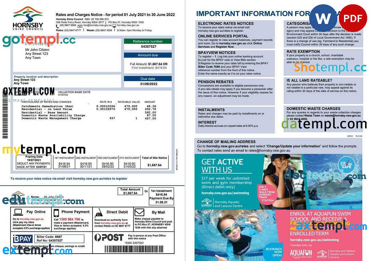 Australia NSW Hornsby Shire Council utility bill, Word and PDF template ...