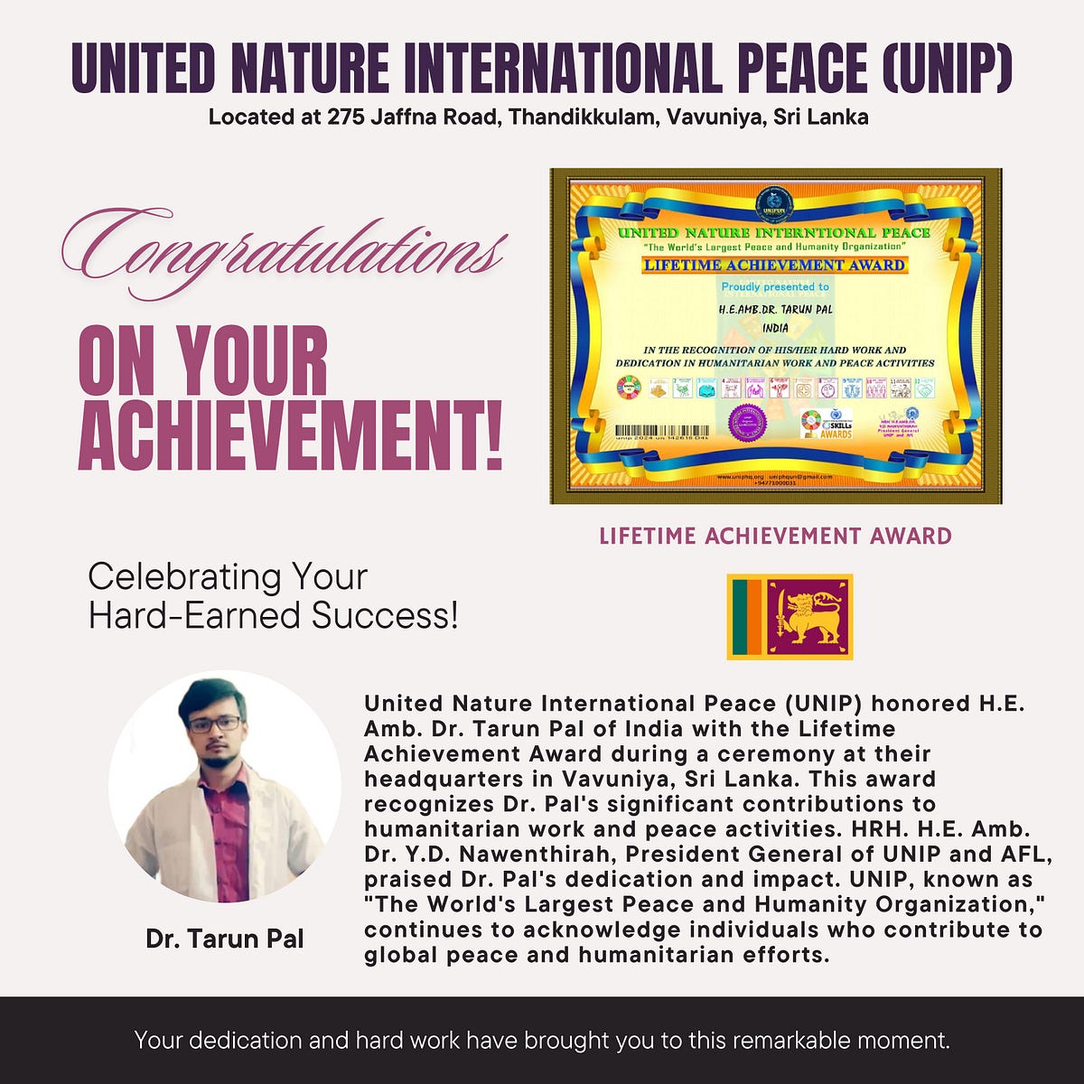 United Nature International Peace Honors H.E. Amb. Dr. Tarun Pal with ...