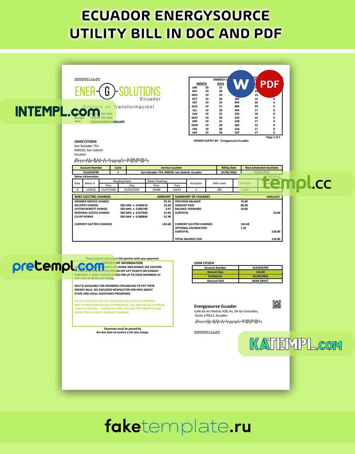 Ecuador Energysource Ecuador energy utility bill template in Word and ...