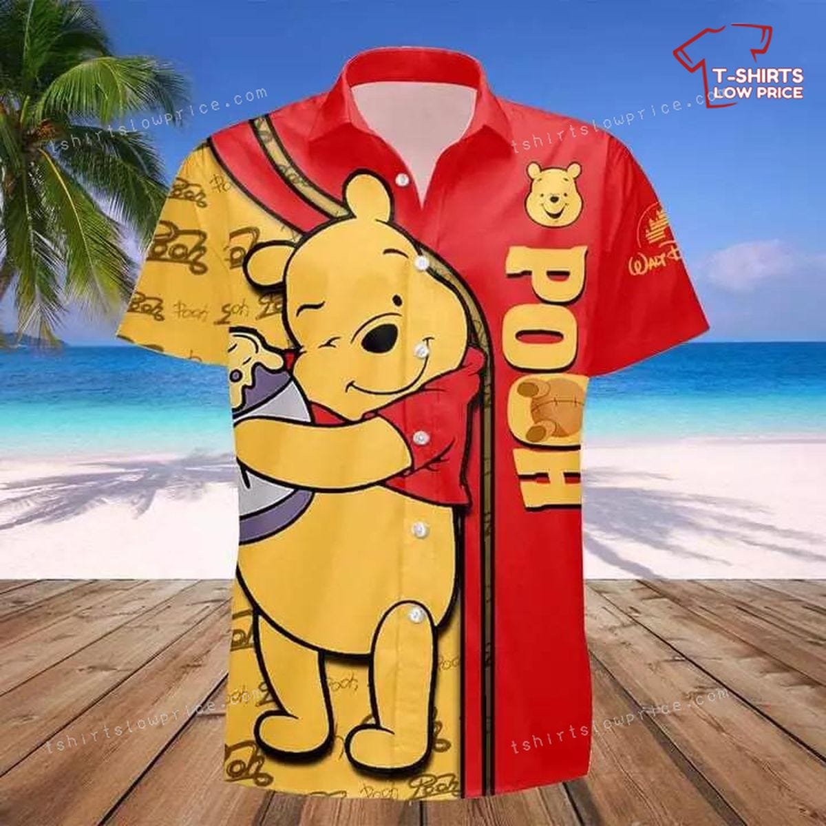 Cute Pooh Bear Loving Honey Winnie The Pooh Red And Yellow Hawaiian ...