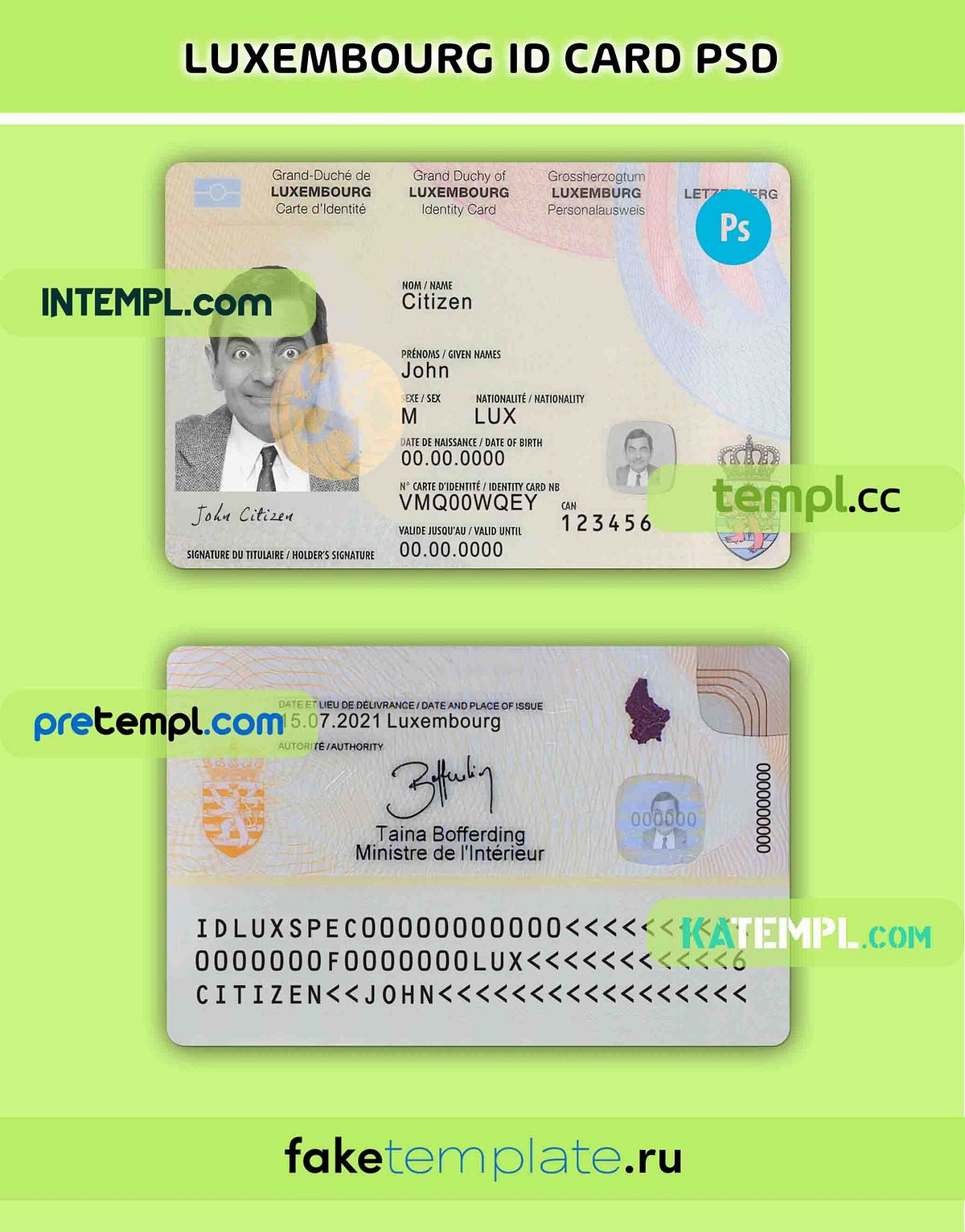 Luxembourg ID card PSD download template - Id intempl - Medium