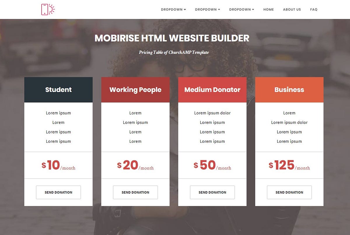 Mobirise HTML Website Builder — Pricing Table of ChurchAMP Template ...