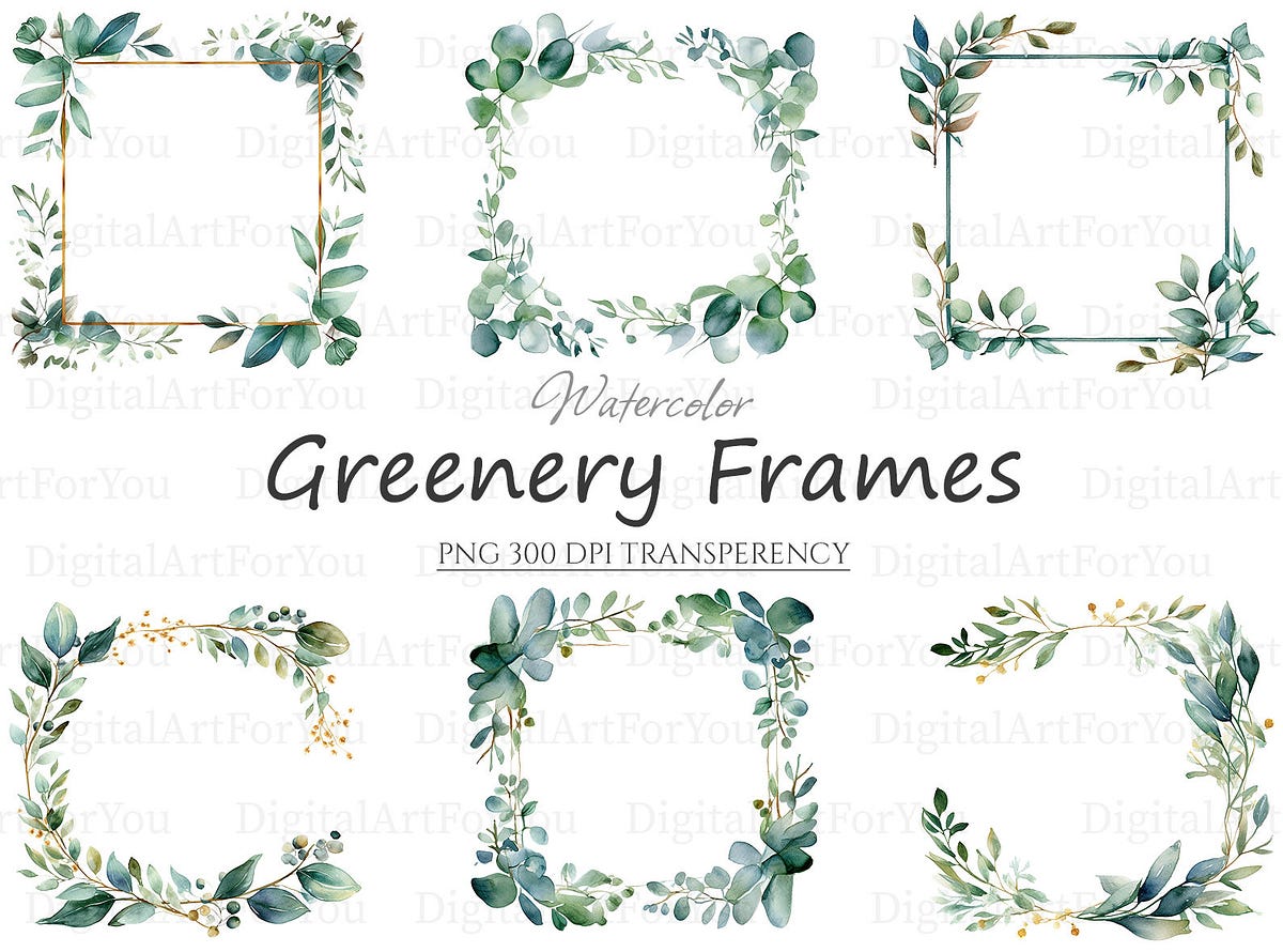 Watercolor Greenery Frames Borders 20pc PNG Clipart | Greenery Bundle ...