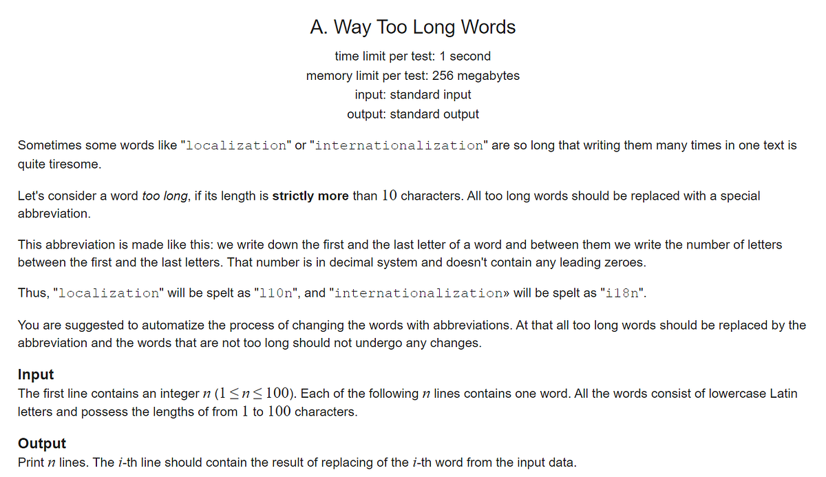 CodeForces / 71A — Way Too Long Words Solution in C++ - Eya Jamue Haque - Medium