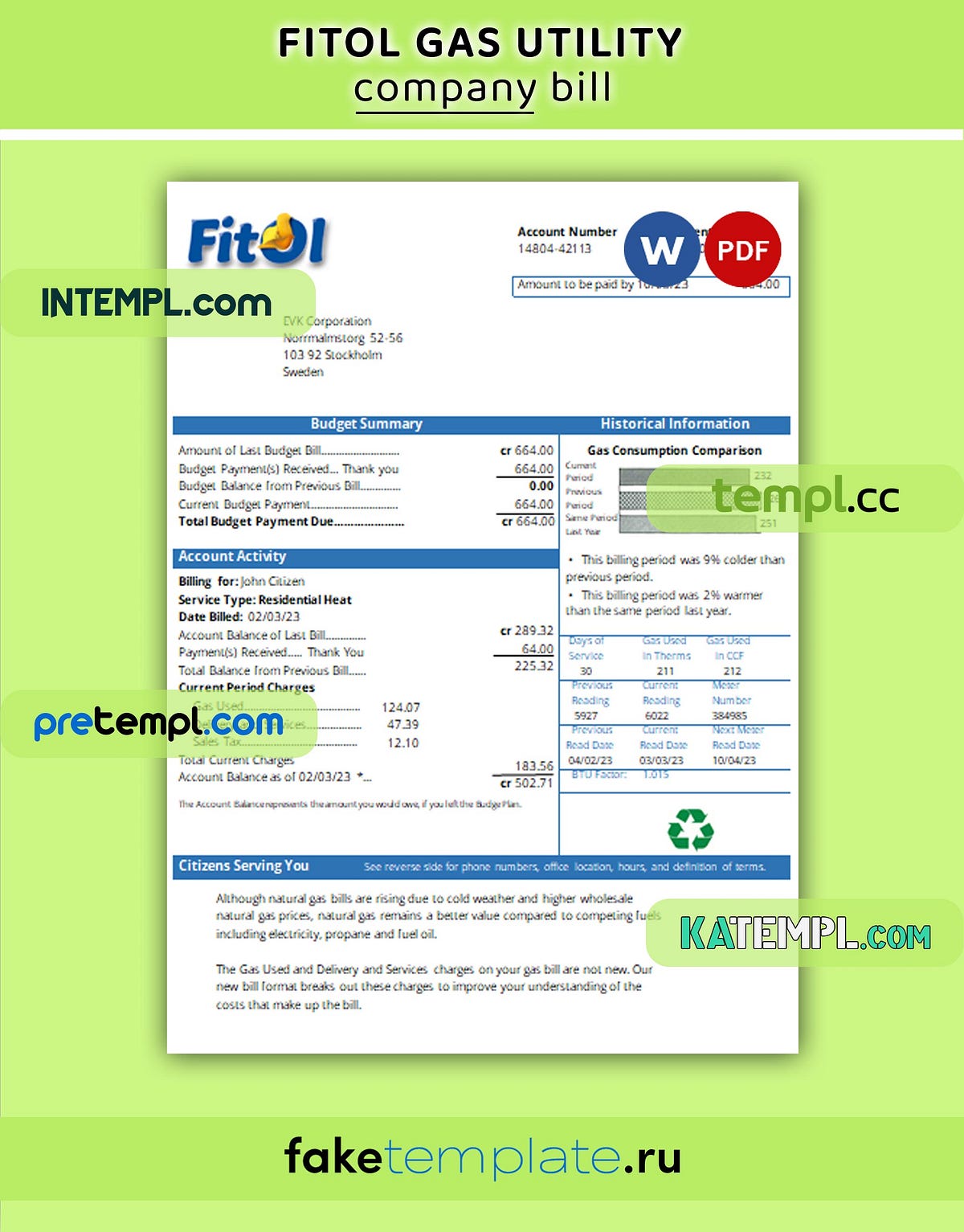 Fitol gas business utility bill, Word and PDF template | by ...