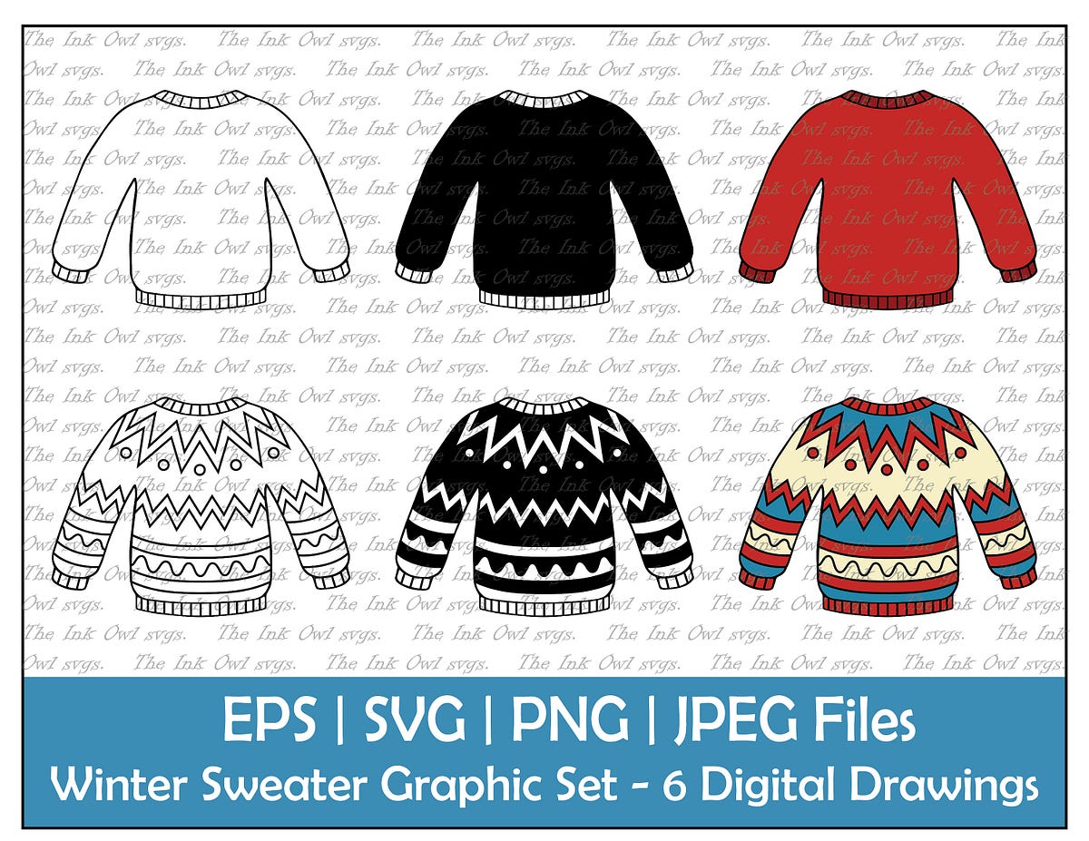 Winter Ski Sweater Vector Clipart Set / Outline & Stamp Drawing ...