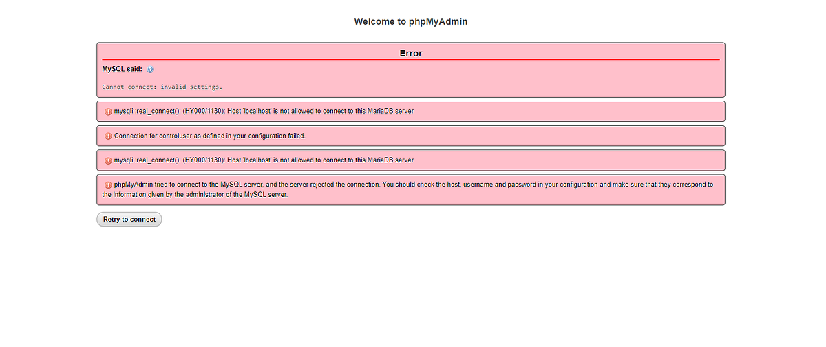 mysqli::real_connect(): (HY000/1130): Host ‘localhost’ is not allowed to connect to this MariaDB ...