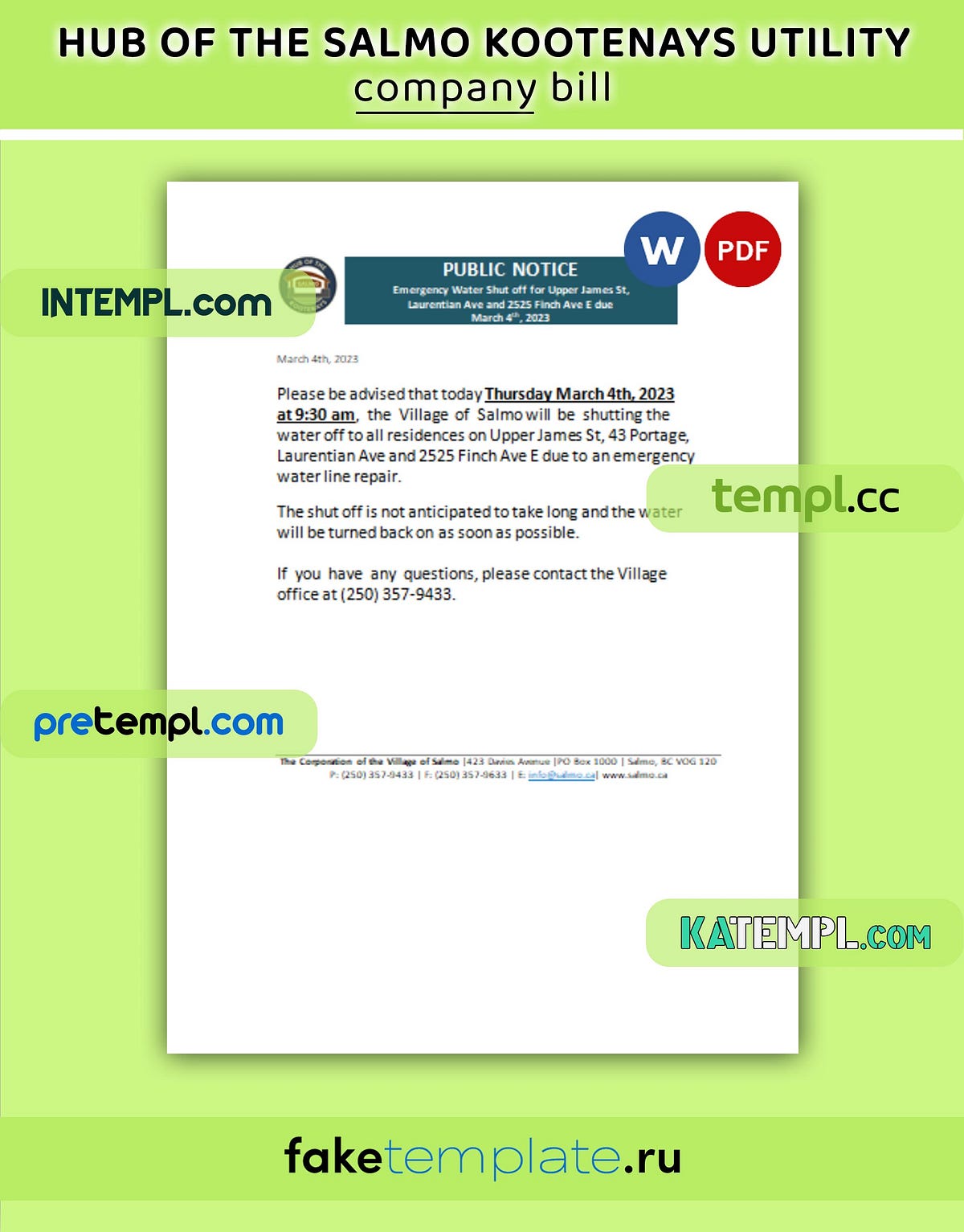 Hub of the Salmo Kootenays business utility bill, Word and PDF template ...