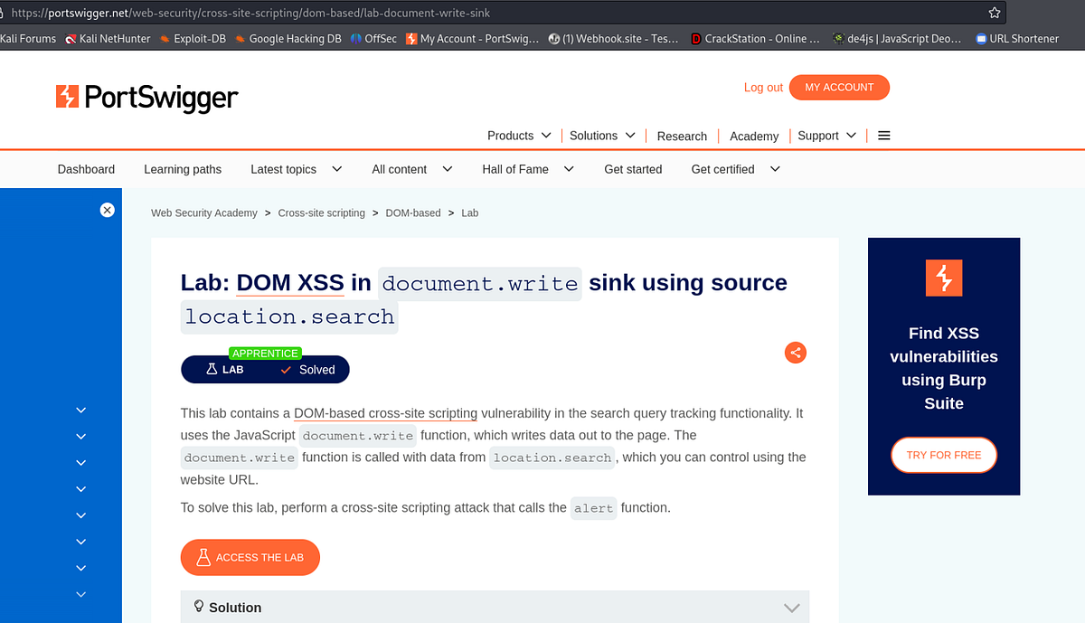 DOM XSS in document.write sink using source location.search-[APPRENTICE]_Write-ups | by ...