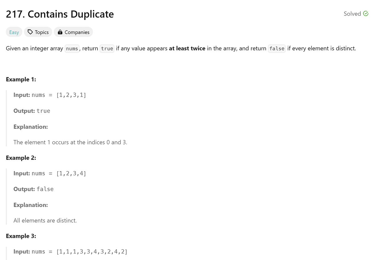 Leetcode Journey(1): 217. Contains Duplicate | by Jeyabal Balamuthu | Medium