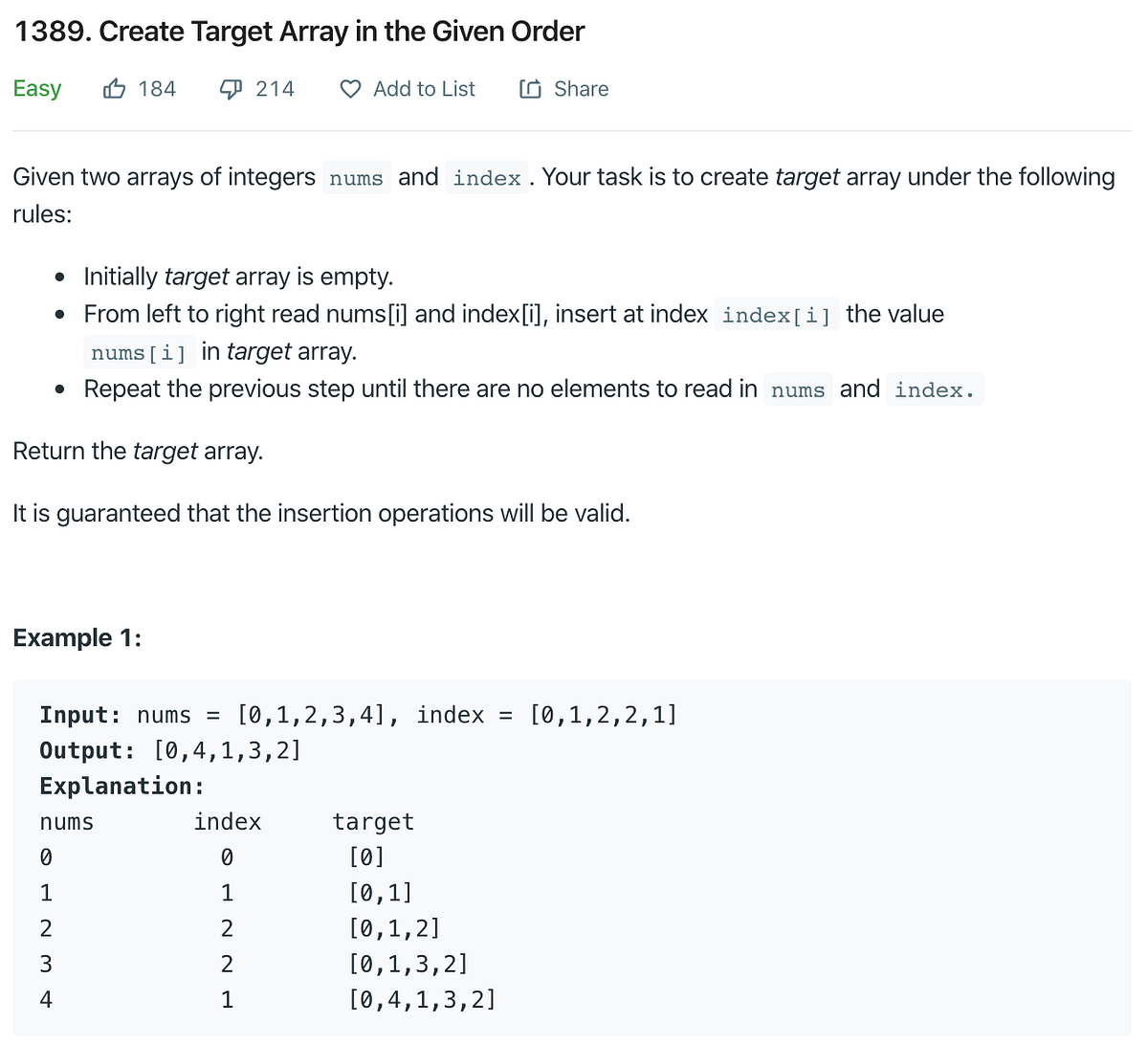 A LeetCode A Day 7 — 1389. Create Target Array in the Given Order | by ...