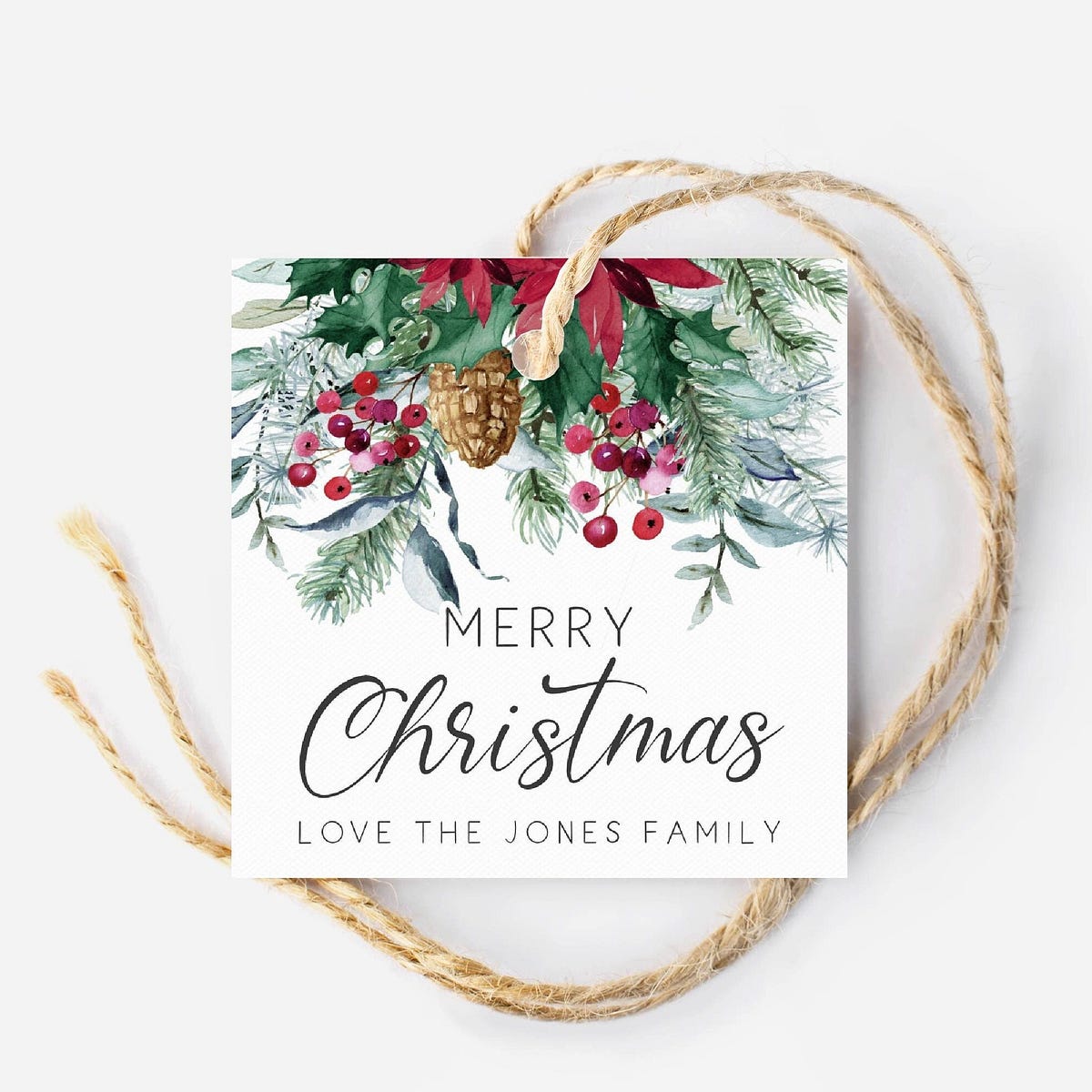 Merry Christmas Greenery Gift Tag Template, Printable Classic Floral Holiday Favor Tags ...