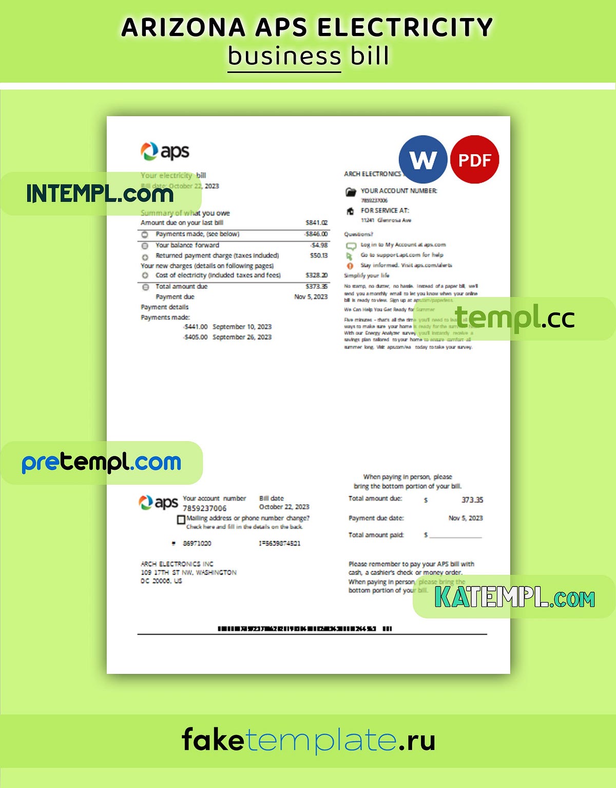 Arizona APS electricity proof of address business utility bill, Word and PDF template | by ...