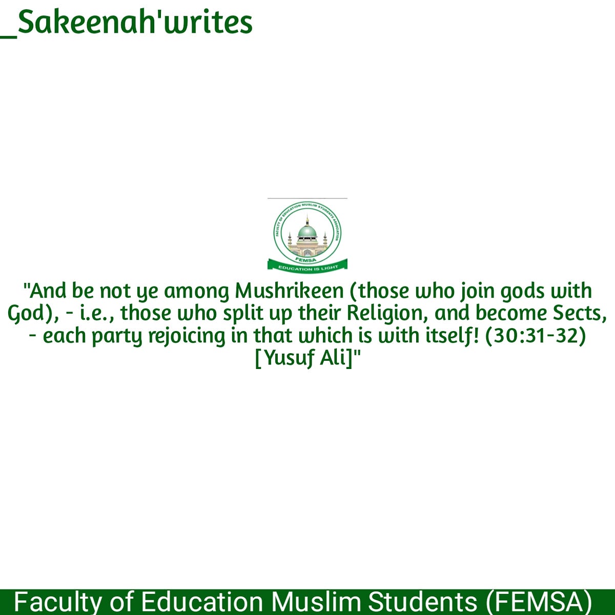 *VERSE OF TODAY:* And be not ye among Mushrikeen (those who join gods ...
