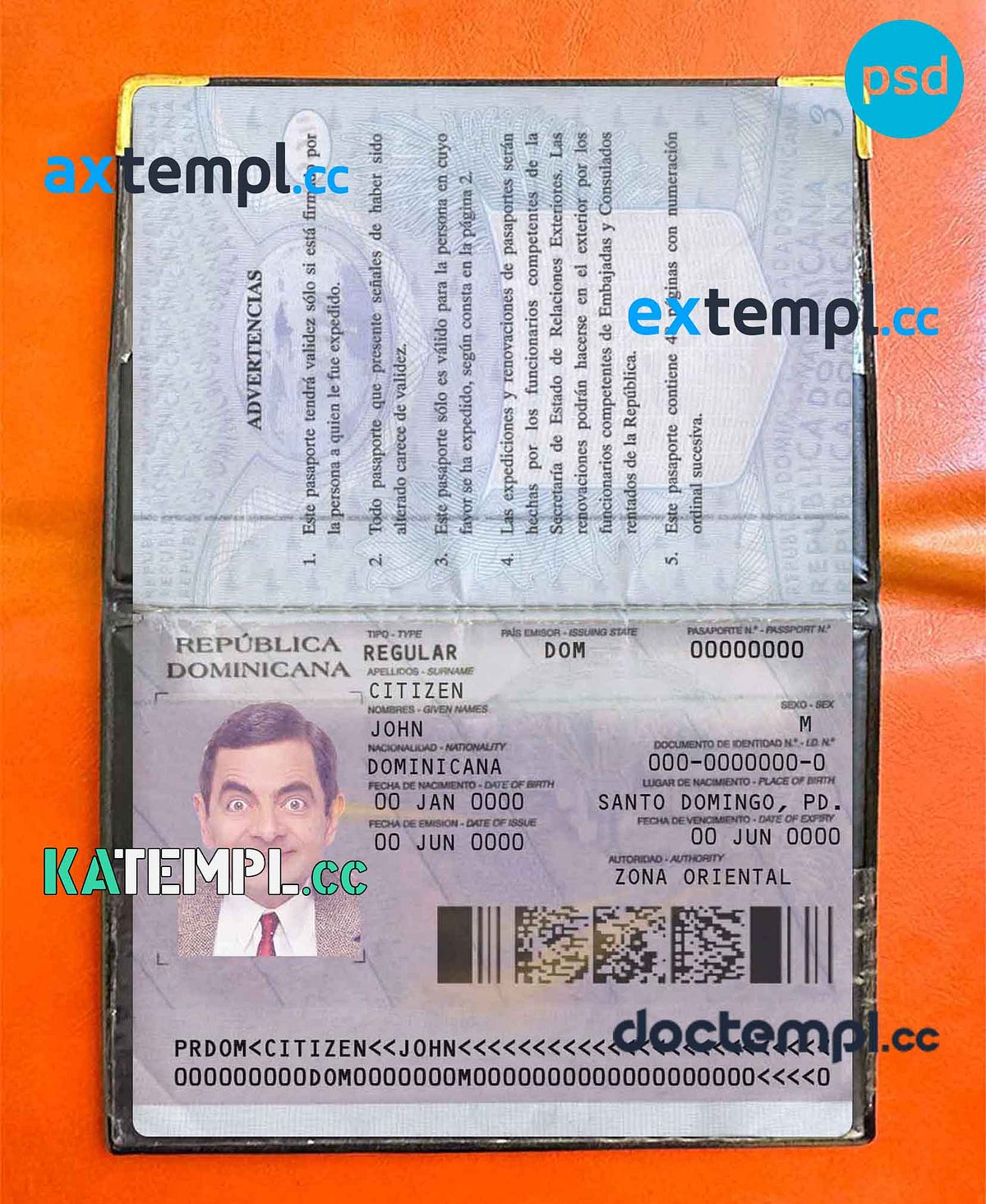 sample Dominican Repubic passport editable PSD files, scan and photo ...