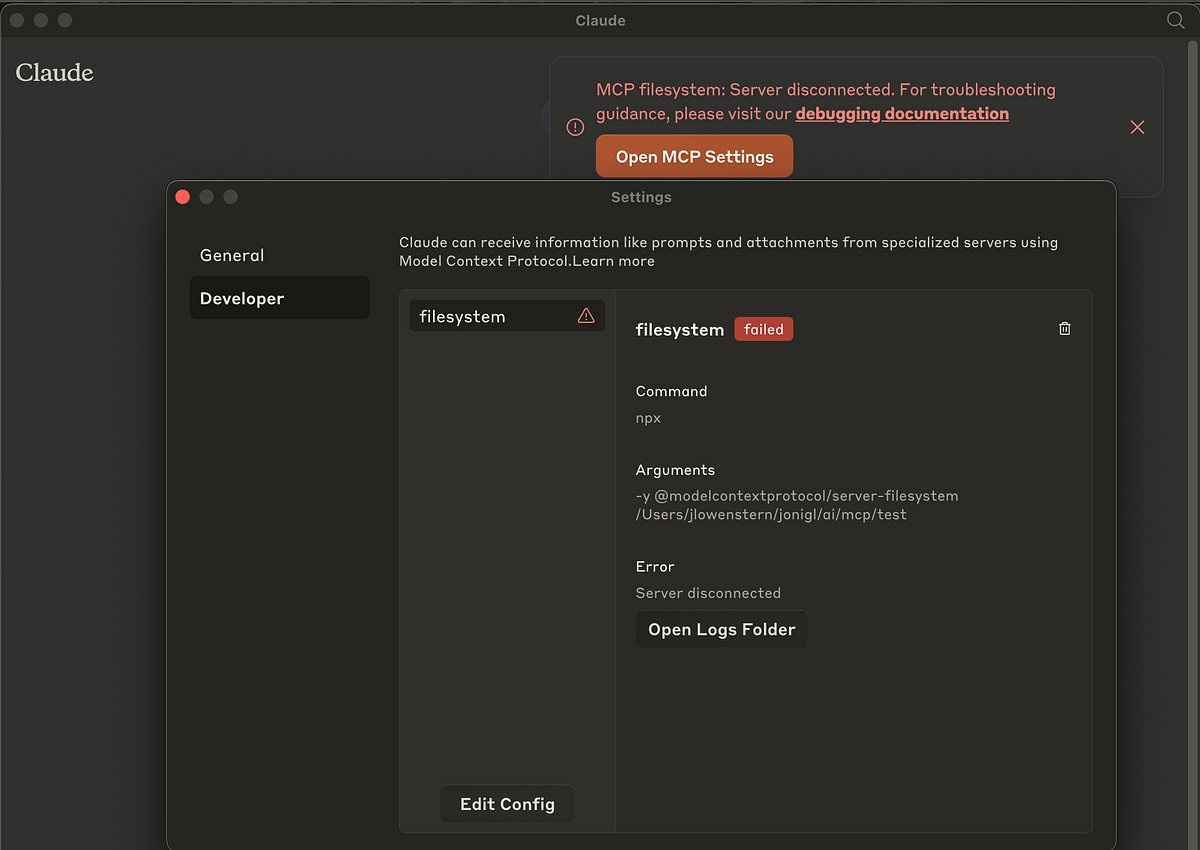 MCP filesystem: Server disconnected | by Jonathan Gastón Löwenstern | Medium