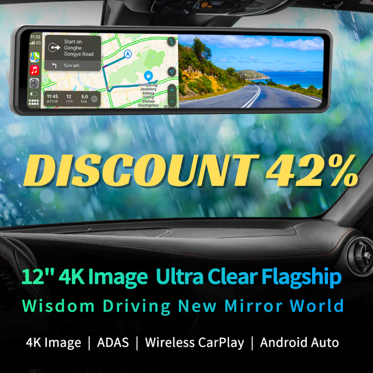 Elevate Your Driving Experience with the 12-Inch 4K Car DVR Wireless CarPlay Android Auto ADAS ...