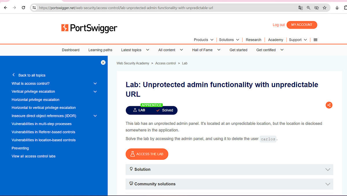 Unprotected Admin Functionality With Unpredictable Url Apprentice Write Ups By Bhumividh T 7331