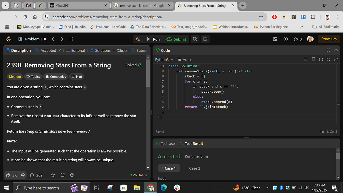 DSA | Day 27 of Google Interview Preparation Journey | Challenge 29: Removing Stars From a ...