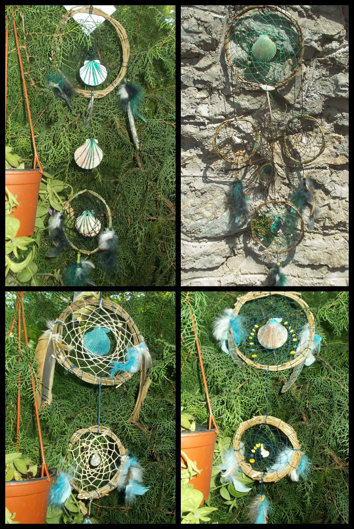Handmade different models of dream catchers with shells, natural and ...