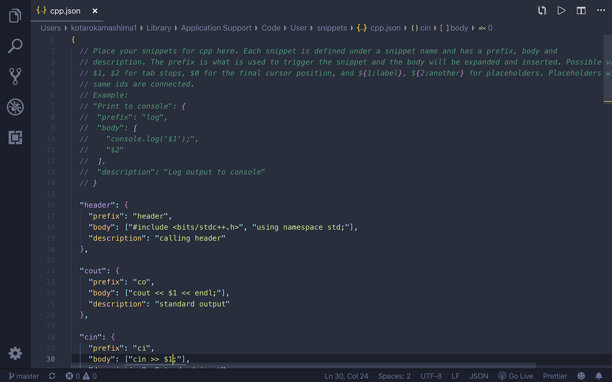VS codeでC++のスニペットを作成してみた！. こちらの記事「【競プロ】AtCoder早解きテクニック10選 (灰 ~… | by Kotaro666 | Medium