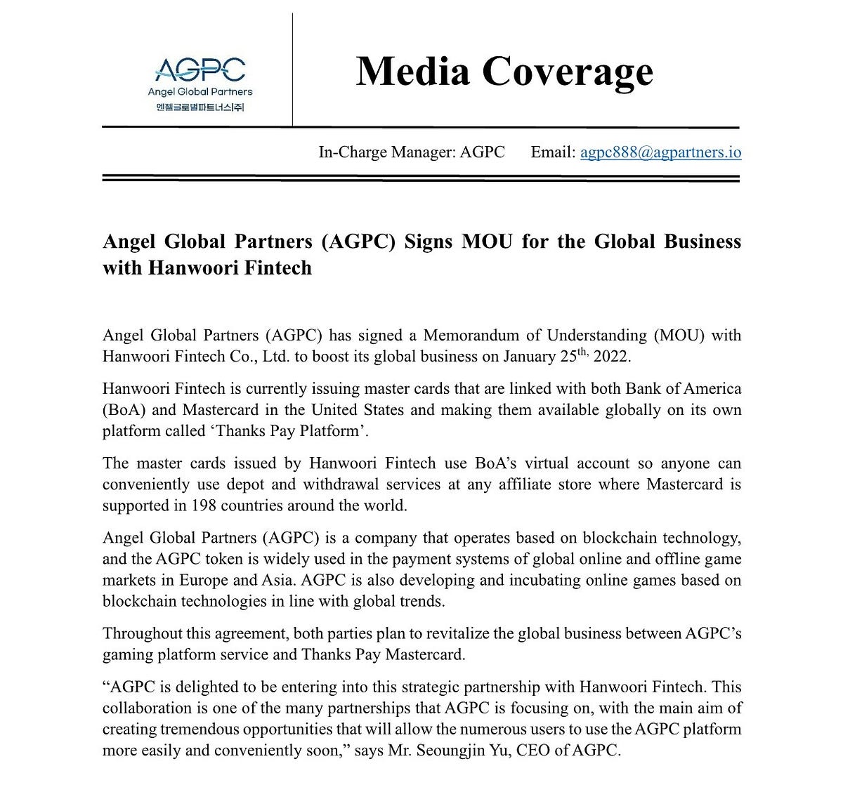 Angel Global Partners (AGPC) Signs MOU for the Global Business with ...