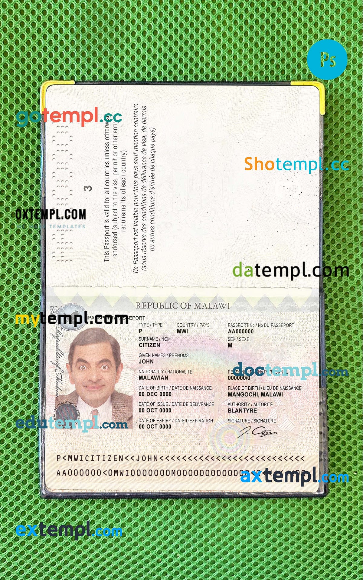 sample Malawi passport PSDs, editable scan and photograghed picture ...