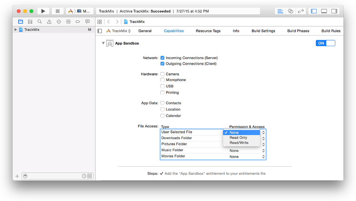 Using App Sandbox for macOS App. Sandboxing is the idea to keep data ...