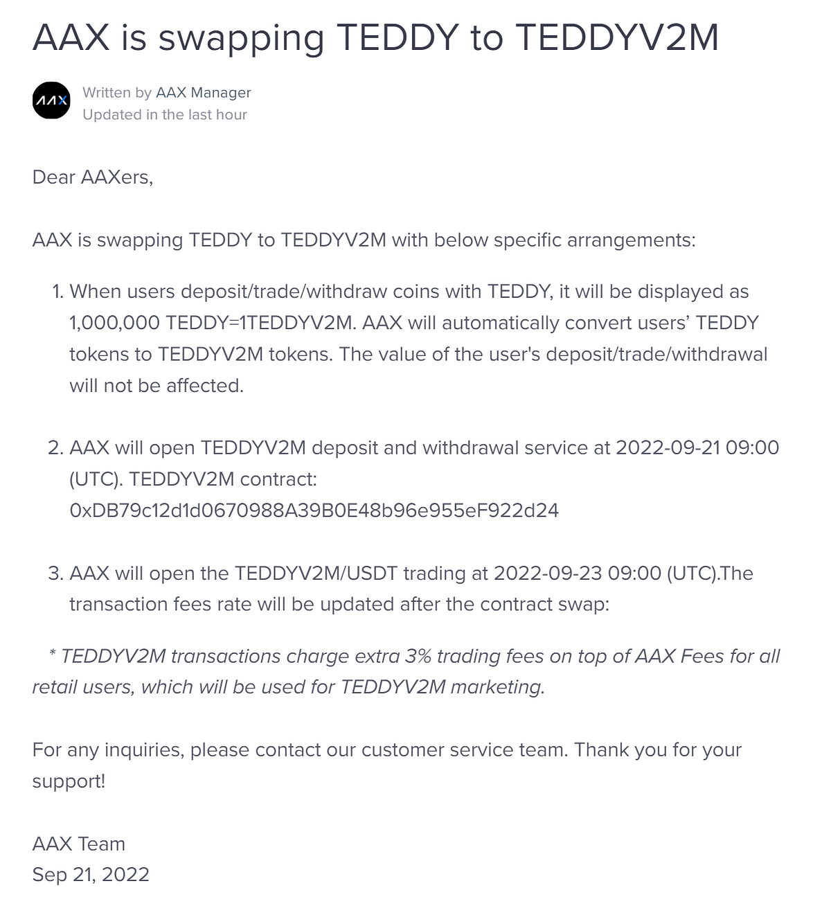 AAX is swapping TEDDY to TEDDYV2M - TeddyDogeV2 - Medium