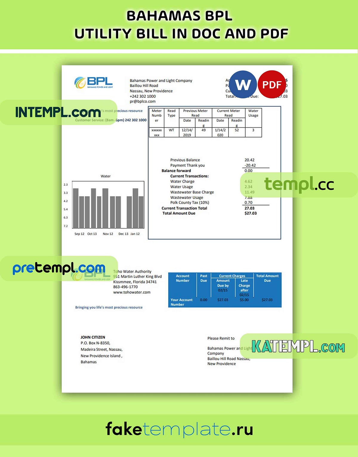 Bahamas Power and Light Company utility bill download example in Word ...