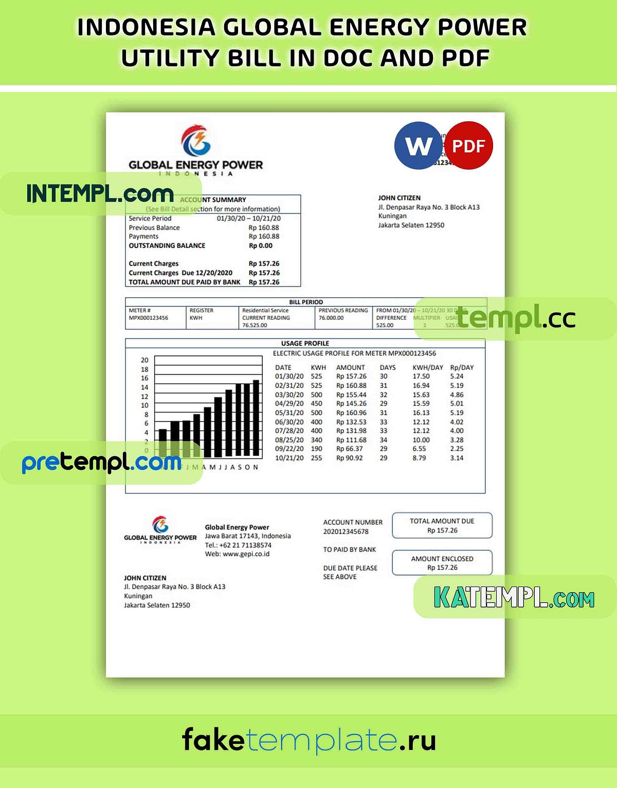 Indonesian Global Energy Power utility bill download example in Word ...