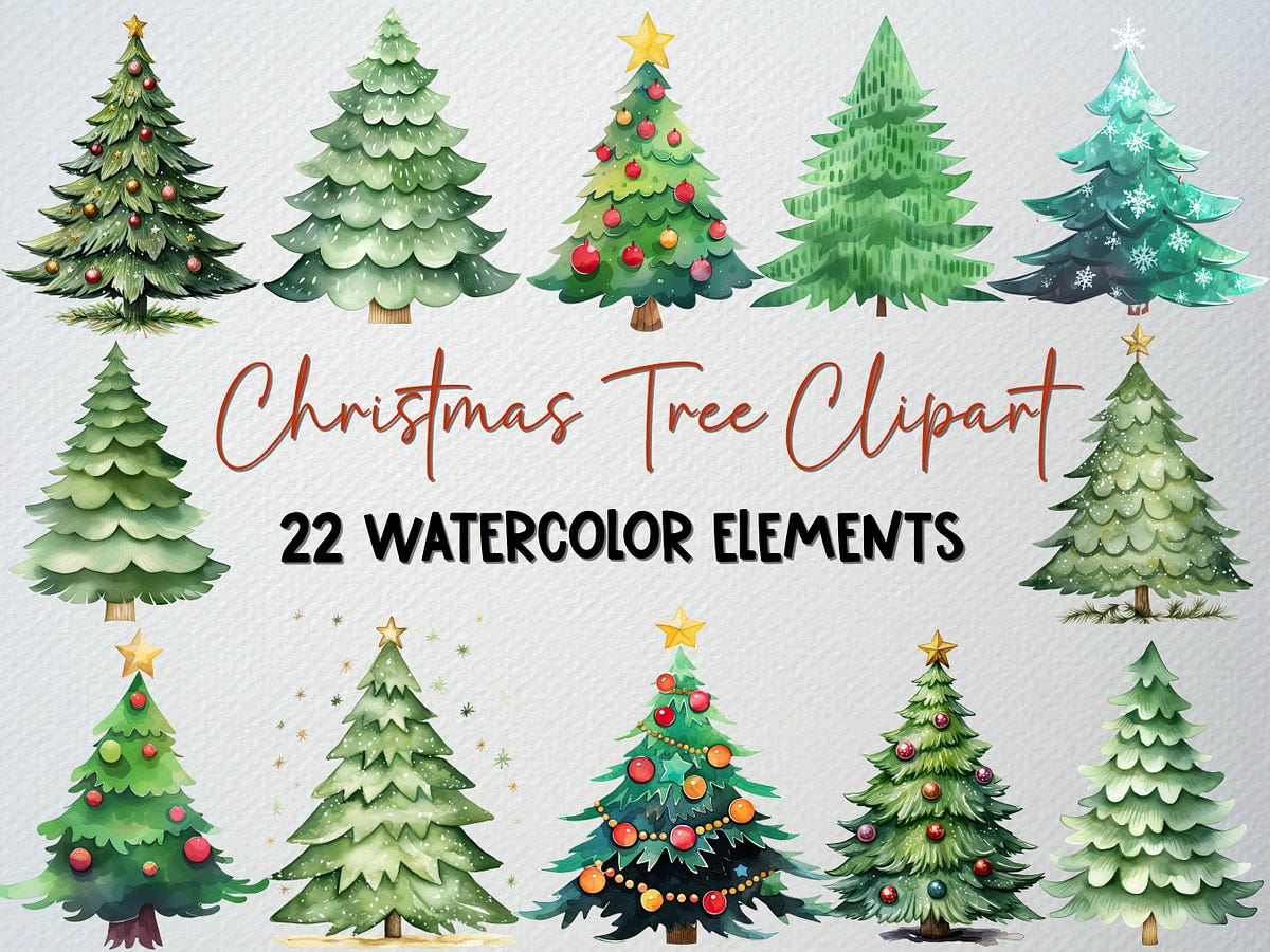 Watercolor Christmas Tree Clipart Set Of 22 PNG Files, Winter Clipart ...