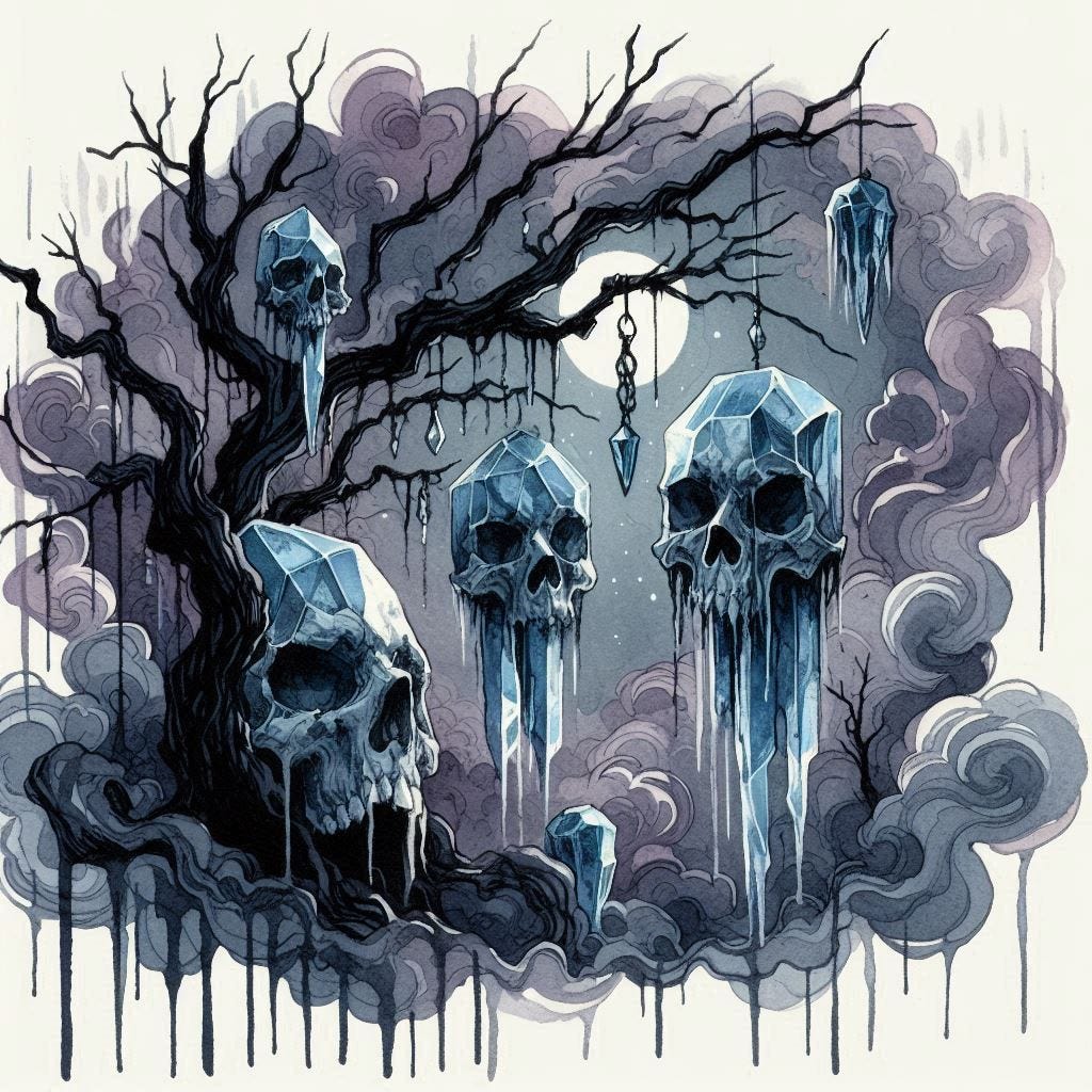 Bones crack in the frost, cold as ghosts in foggy fields, crystal ...