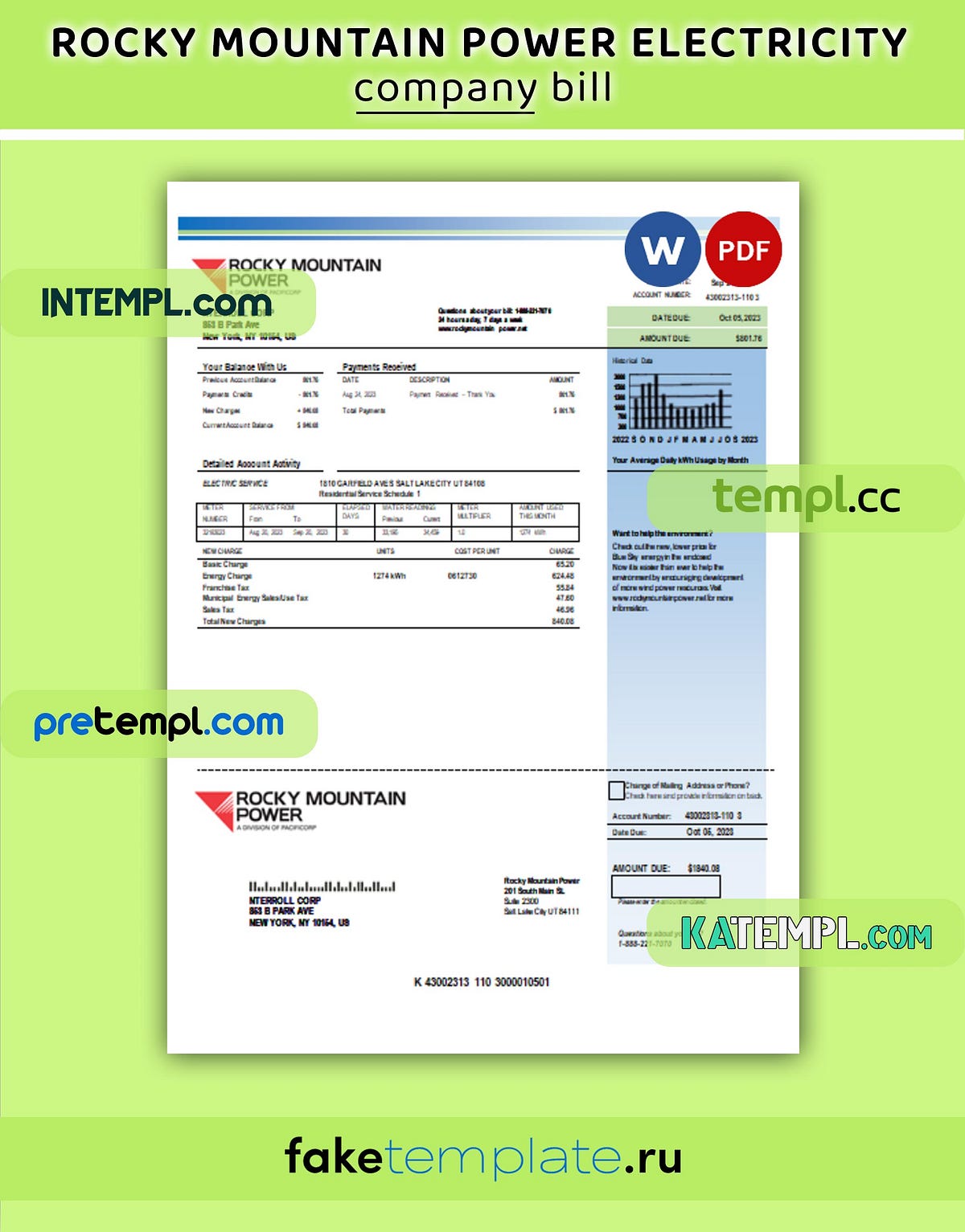 Rocky Mountain Power electricity business utility bill, Word and PDF ...