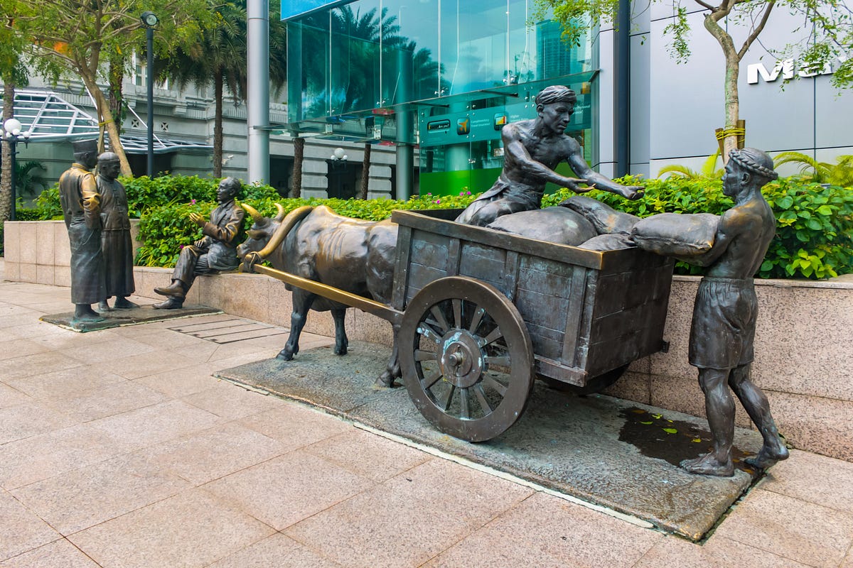 River Merchants, Singapore. In Boat Quay, bronze statues fashioned ...