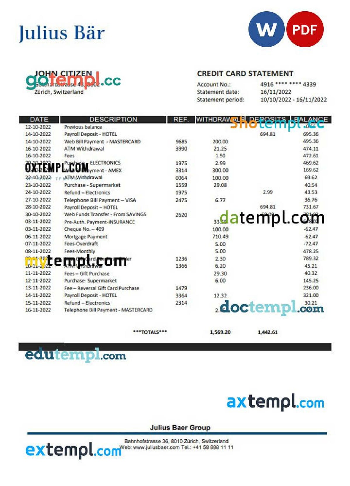 sample Switzerland Julius Bar bank statement template in Word and PDF ...